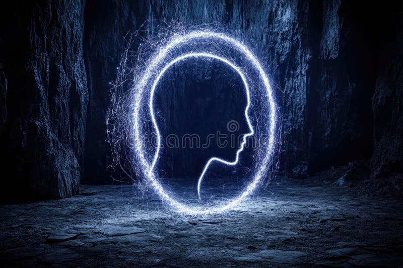 Glowing Neon Silhouette of Human Face in Dark Cave with Electric Light ...
