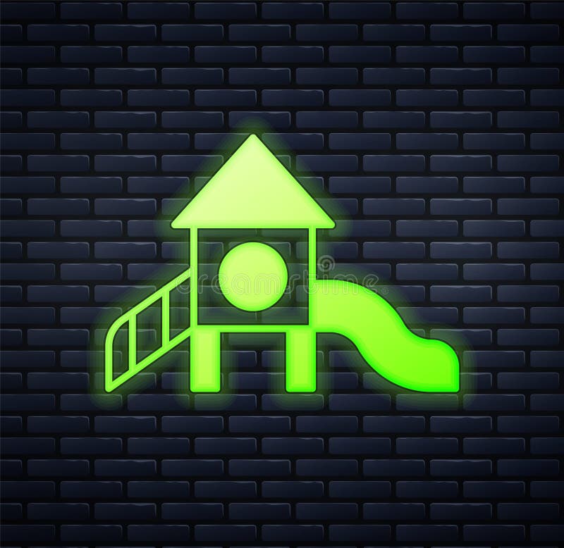 Glowing Neon Slide Playground Icon Isolated on Brick Wall Background ...