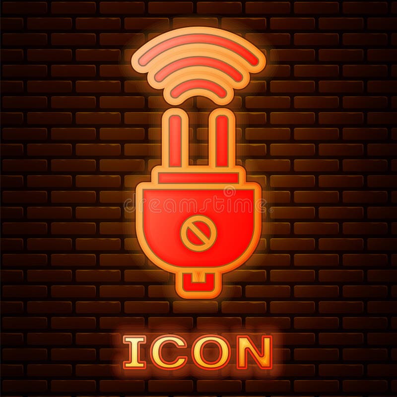 Glowing Neon Smart Electric Plug System Icon Isolated on Brick Wall ...