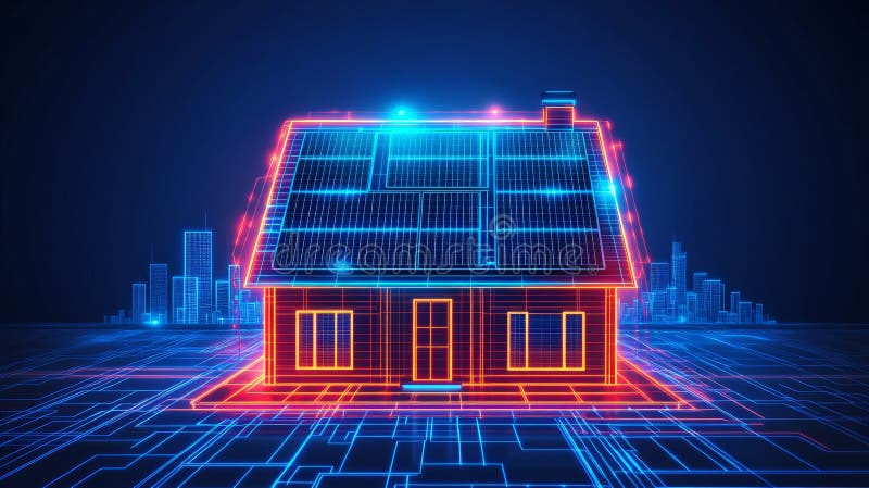 Glowing Neon Smart House with a Red and Blue Grid Backdrop, Symbolizing ...