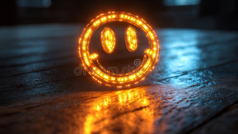 Glowing Neon Smiley Face on a Dimly Lit Floor Stock Image - Image of ...