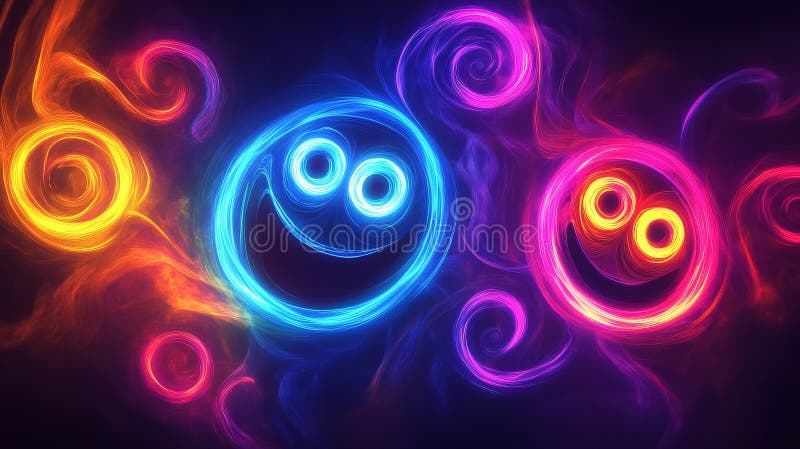 Glowing Neon Smiley Faces with Swirling Patterns Stock Image - Image of ...