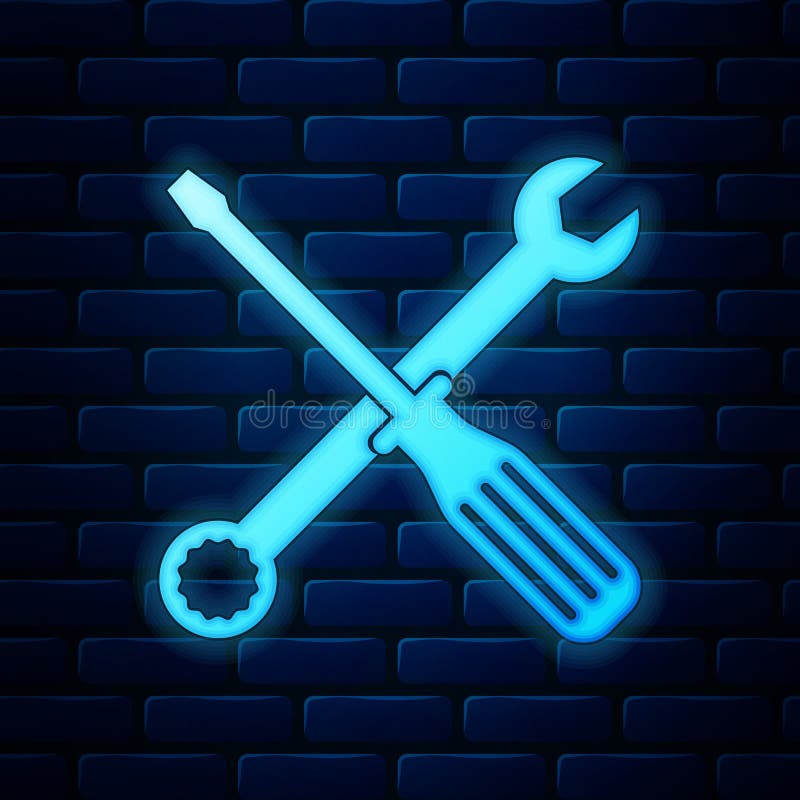 Glowing Neon Spanner and Screwdriver Tools Icon Isolated on Brick Wall ...