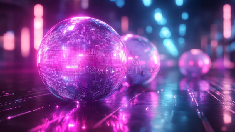 Glowing Neon Spheres in Dark Futuristic Space Stock Illustration ...