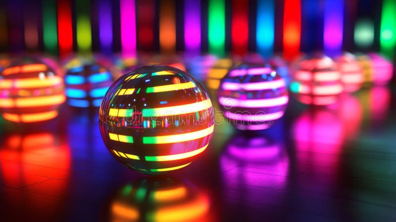 Glowing Neon Spheres on Reflective Surface Stock Illustration ...