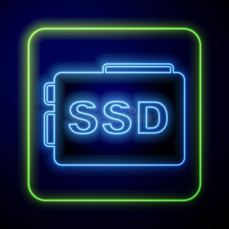 Glowing Neon SSD Card Icon Isolated on Blue Background. Solid State ...