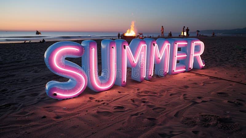 Glowing Neon SUMMER Sign on the Beach at Sunset with Bonfire. Stock ...