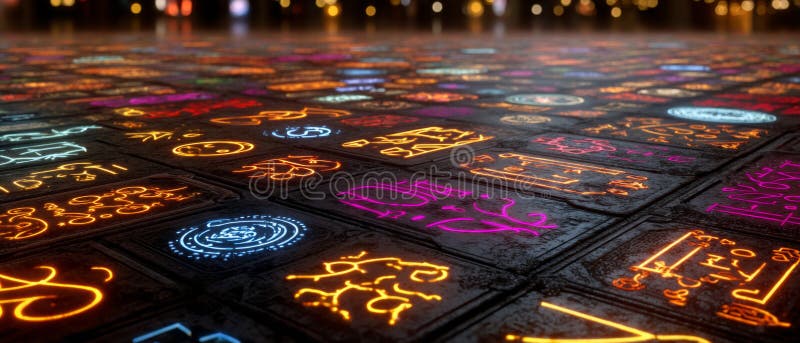 Glowing Neon Symbols on Dark Urban Surface Stock Illustration ...