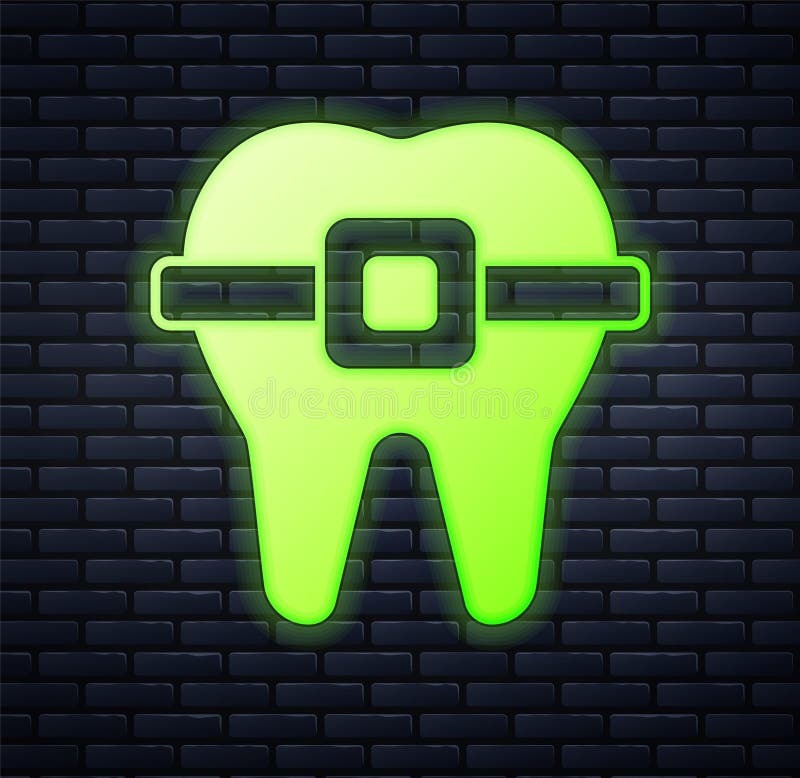 Glowing Neon Teeth with Braces Icon Isolated on Brick Wall Background ...