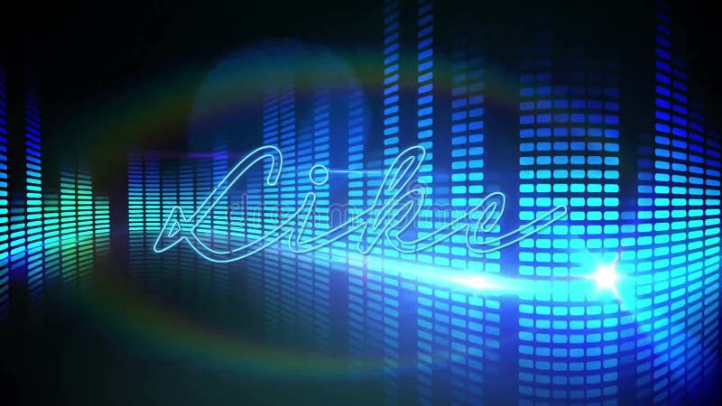 Glowing Neon Text Animation Over Blue Equalizer Bars with Lens Flare ...