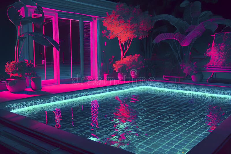 Glowing Neon-themed Swimming Pool, Ai Illustration Stock Illustration ...