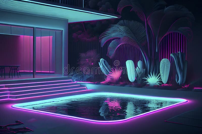 Glowing Neon-themed Swimming Pool, Ai Illustration Stock Illustration ...