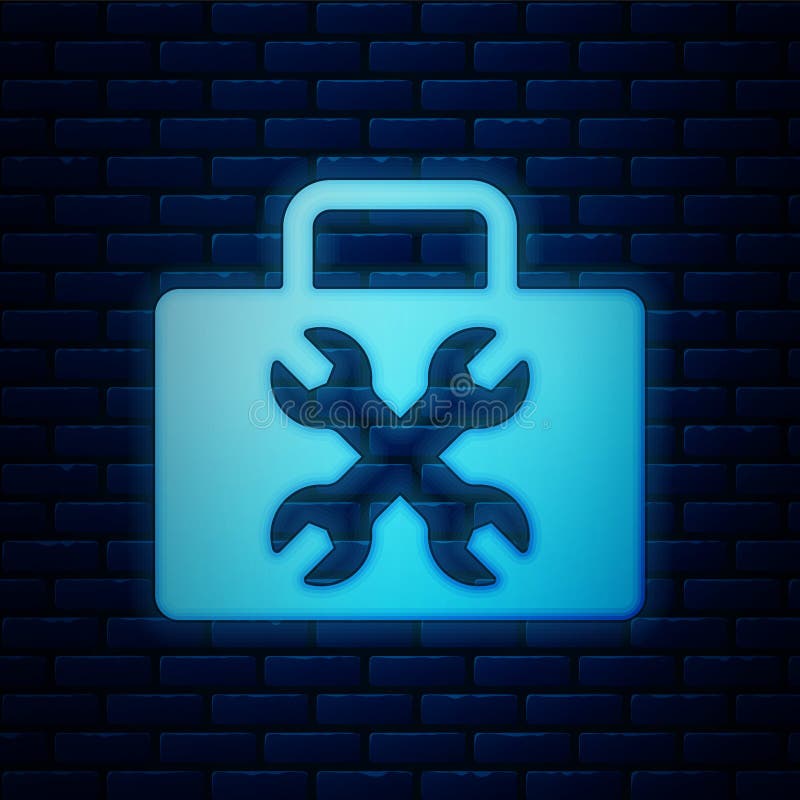 Glowing Neon Toolbox Icon Isolated on Brick Wall Background. Tool Box ...