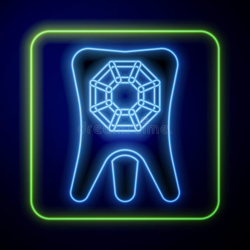 Glowing Neon Tooth with Diamond Icon Isolated on Blue Background ...