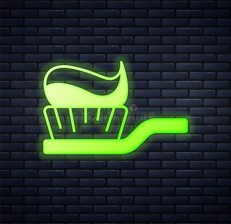 Glowing Neon Toothbrush with Toothpaste Icon Isolated on Brick Wall ...