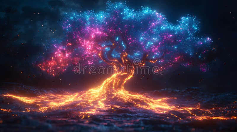 Glowing Neon Tree with Fiery Base at Night Stock Illustration ...