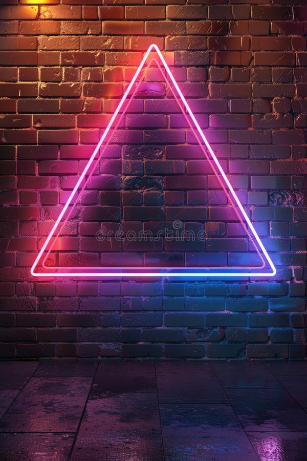 Glowing Neon Triangle on Brick Wall with Trendy Blue and Pink Lighting ...