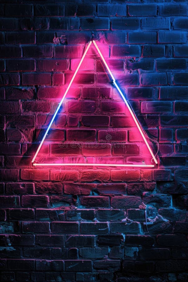 Glowing Neon Triangle on Brick Wall with Trendy Blue and Pink Lighting ...