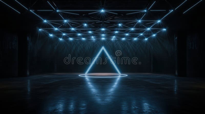 A Glowing Neon Triangle Hovers Over a Dark Floor, Illuminated by a ...