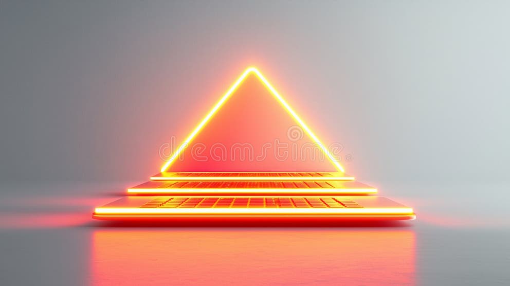 Glowing Neon Triangle Pyramid Over Keyboards. Futuristic Computer ...