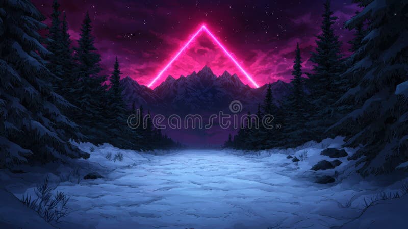 Glowing Neon Triangle in Snowy Winter Landscape Stock Illustration ...