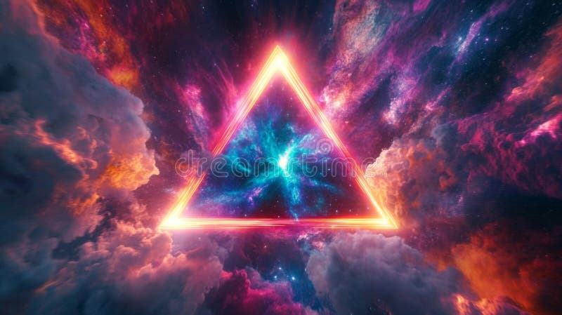 Glowing Neon Triangle in a Vibrant Nebula Space Scene Stock ...