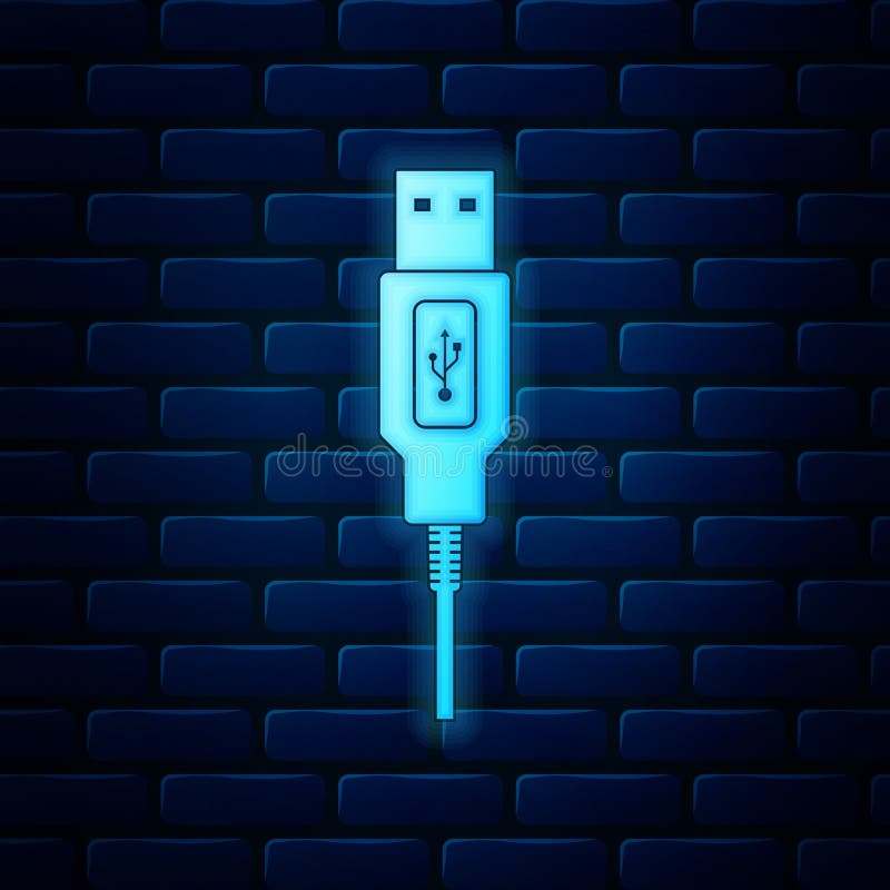 Glowing Neon USB Cable Cord Icon Isolated on Brick Wall Background ...