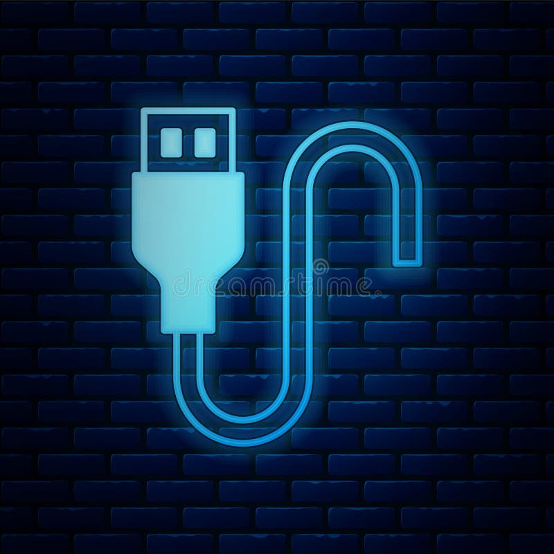 Glowing Neon USB Cable Cord Icon Isolated on Brick Wall Background ...