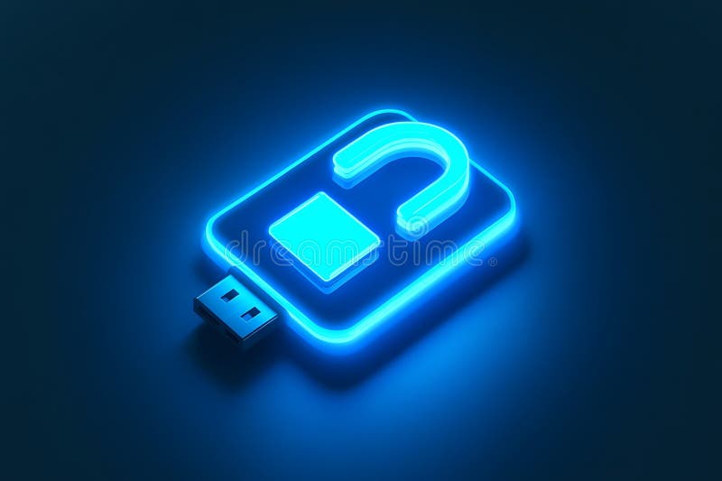 Glowing Neon USB Drive with Unlocked Padlock Digital Security Concept ...