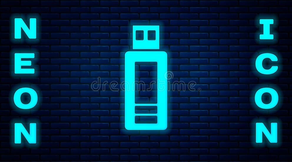 Glowing Neon USB Flash Drive Icon Isolated on Brick Wall Background ...