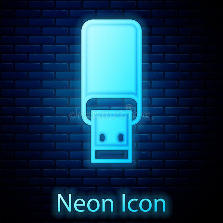 Glowing Neon USB Flash Drive Icon Isolated on Brick Wall Background ...
