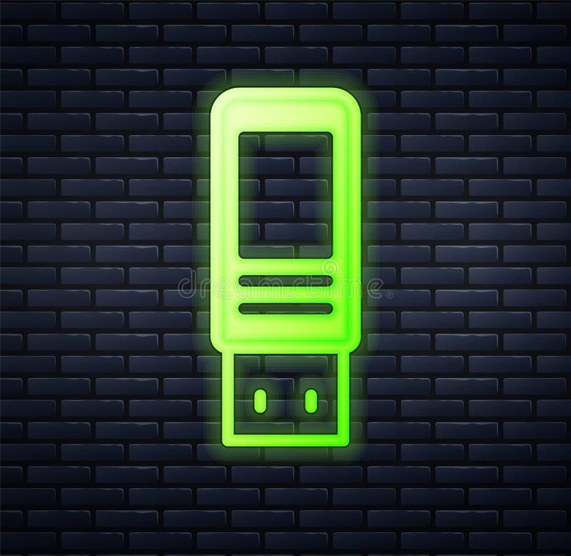 Glowing Neon USB Flash Drive Icon Isolated on Brick Wall Background ...