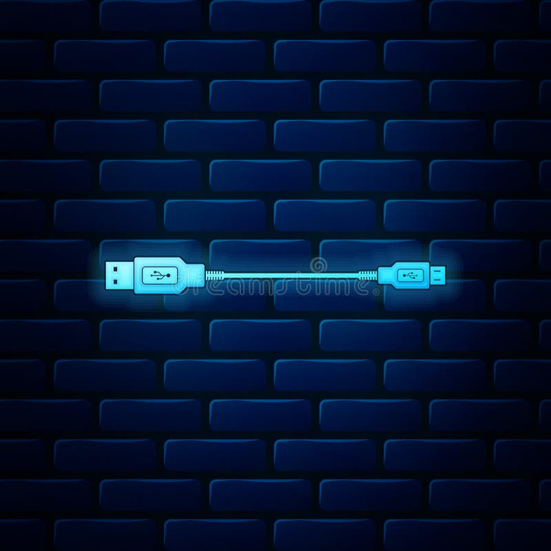 Glowing Neon USB Micro Cables Icon on Brick Wall Background. Connectors ...