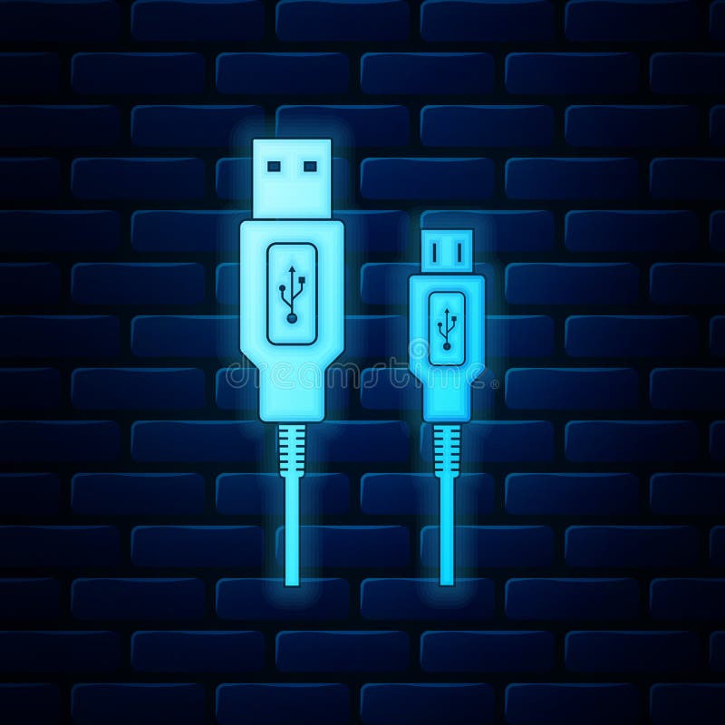 Glowing Neon USB Micro Cables Icon on Brick Wall Background. Connectors ...