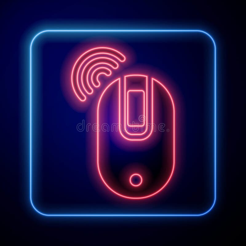 Glowing Neon Wireless Computer Mouse Icon Isolated on Blue Background ...