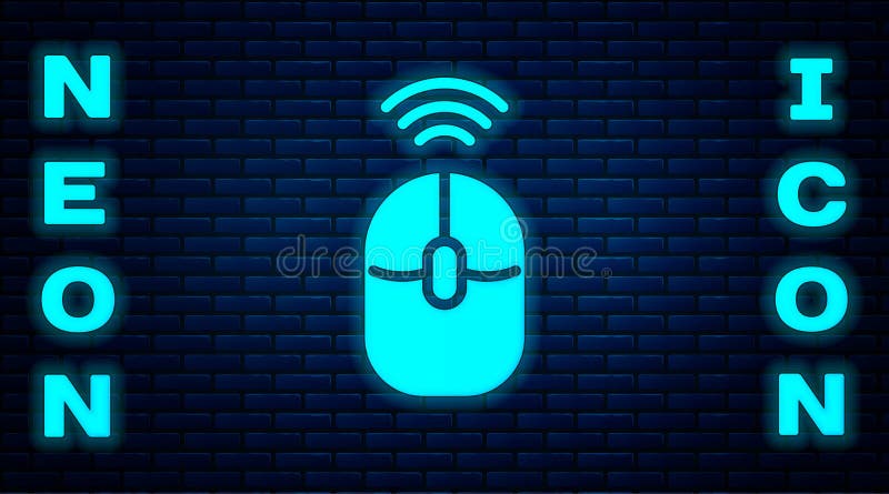Glowing Neon Wireless Computer Mouse Icon Isolated on Brick Wall ...