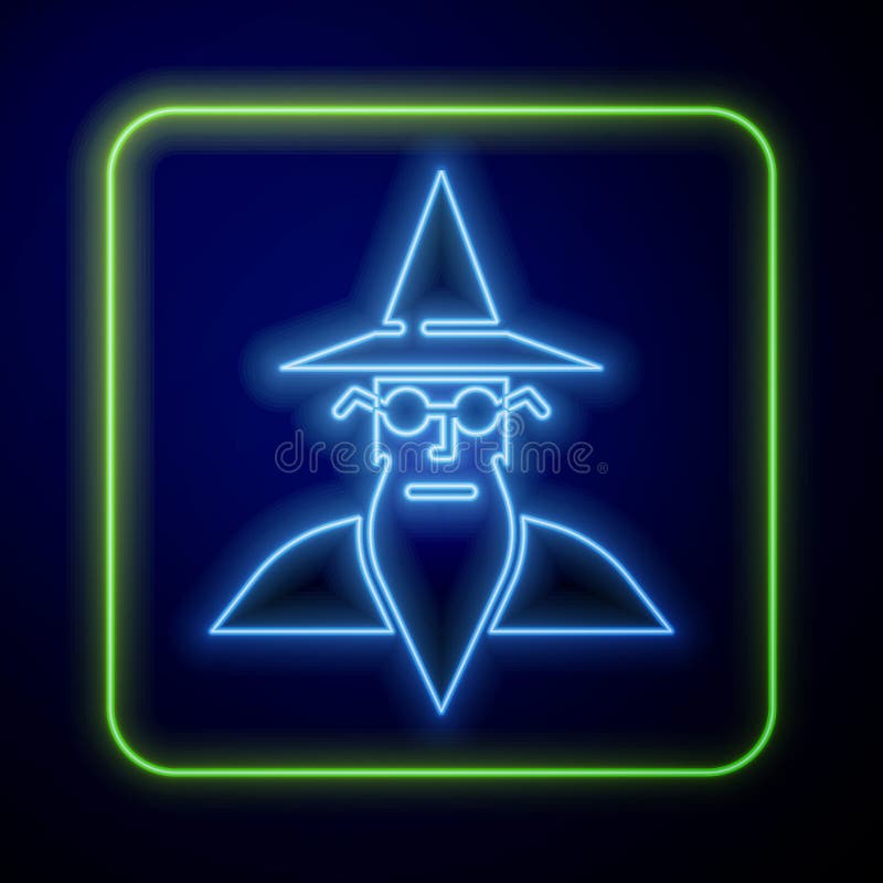 Glowing Neon Wizard Warlock Icon Isolated on Blue Background Stock ...