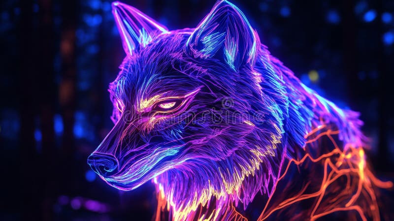 Glowing Neon Wolf in Dark Forest Digital Art Stock Illustration ...