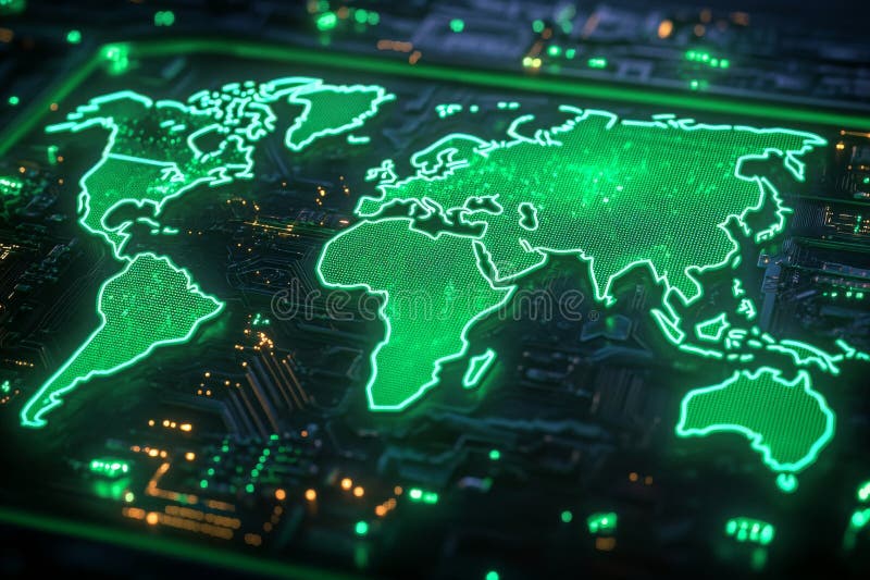 Glowing Neon World Map Display with Intricate Circuit Patterns ...