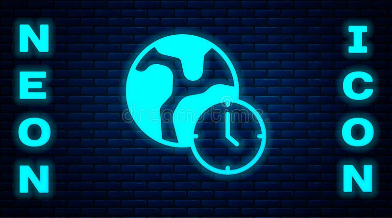 Glowing Neon World Time Icon Isolated on Brick Wall Background. Vector ...