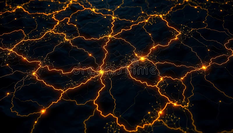 Glowing Network Abstract Dark Background Orange Lines Nodes Stock ...