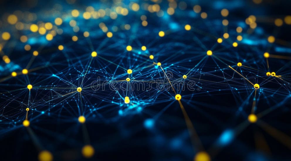 Glowing Network of Blue and Yellow Nodes in a Digital Abstract Matrix ...