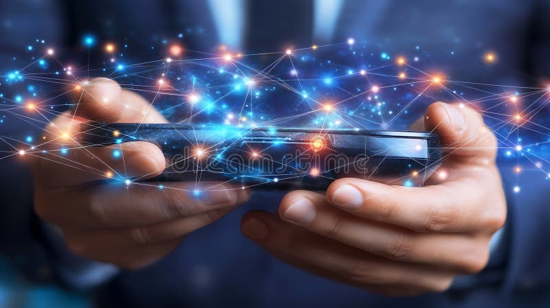 Glowing Network Connected through a Phone Held in Two Hands Stock ...
