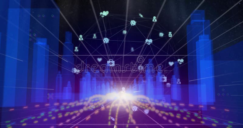 Glowing Network Connecting Chart Pillars and Node Icons Expanding ...