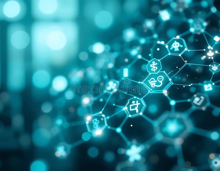 Glowing Network Connection with Data Icons on Connected Hexagonal Grid ...