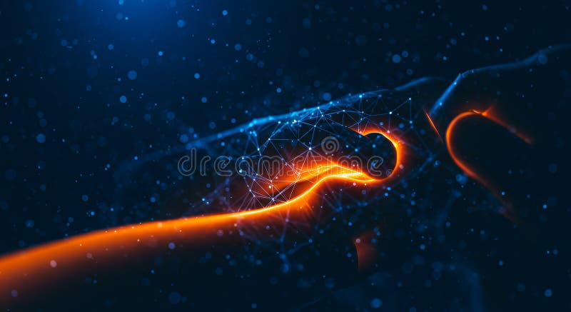 Glowing Network Connection with Orange Light Stream and Data Points ...