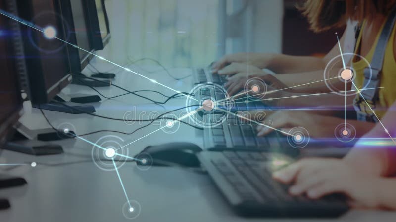 Glowing Network of Connections Against Mid Section of Students Using ...