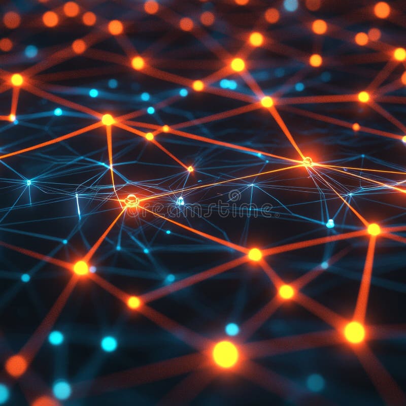 Glowing Network Grid with Blue and Orange Nodes in Dark Background ...