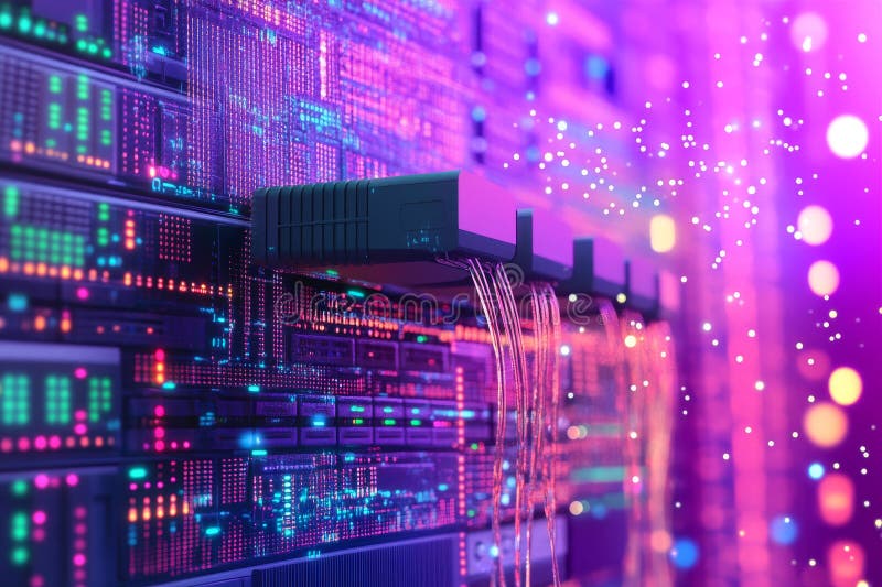 Glowing Network Grid with Colorful Ethernet Cables Connected To Servers ...