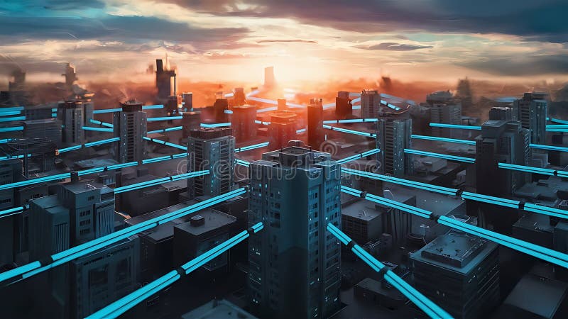 Glowing Network Grid Connecting Tall Urban Structures, Minimalist ...
